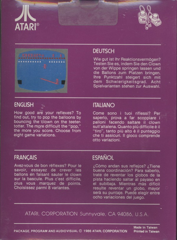 Atari 2600 VCS Circus Atari : scans, dump, download, screenshots, ads ...