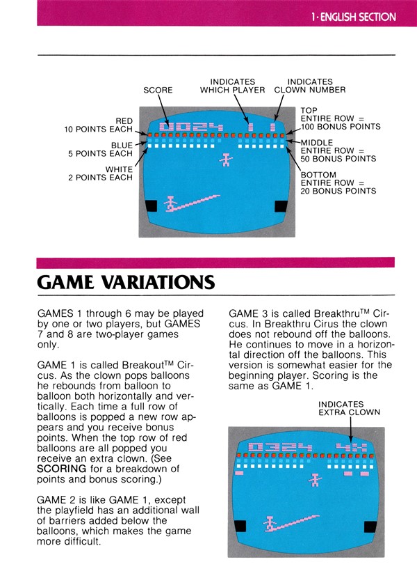 Atari 2600 VCS Circus Atari : scans, dump, download, screenshots, ads ...