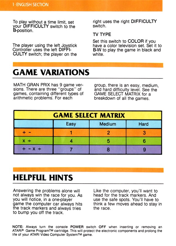 Atari 2600 VCS Math Gran Prix : scans, dump, download, screenshots, ads ...